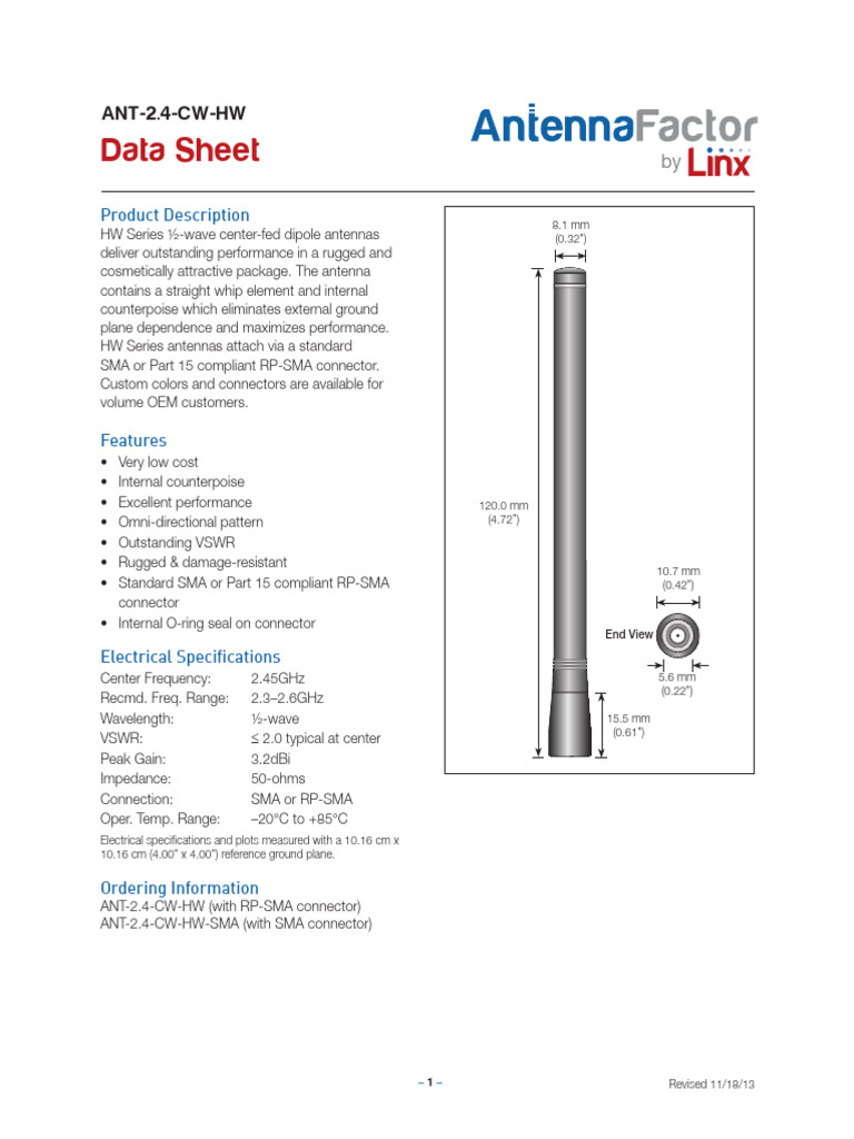 2.4GHz Dipole Antenna Data Sheet | PDF | Antenna (Radio) | Electronics