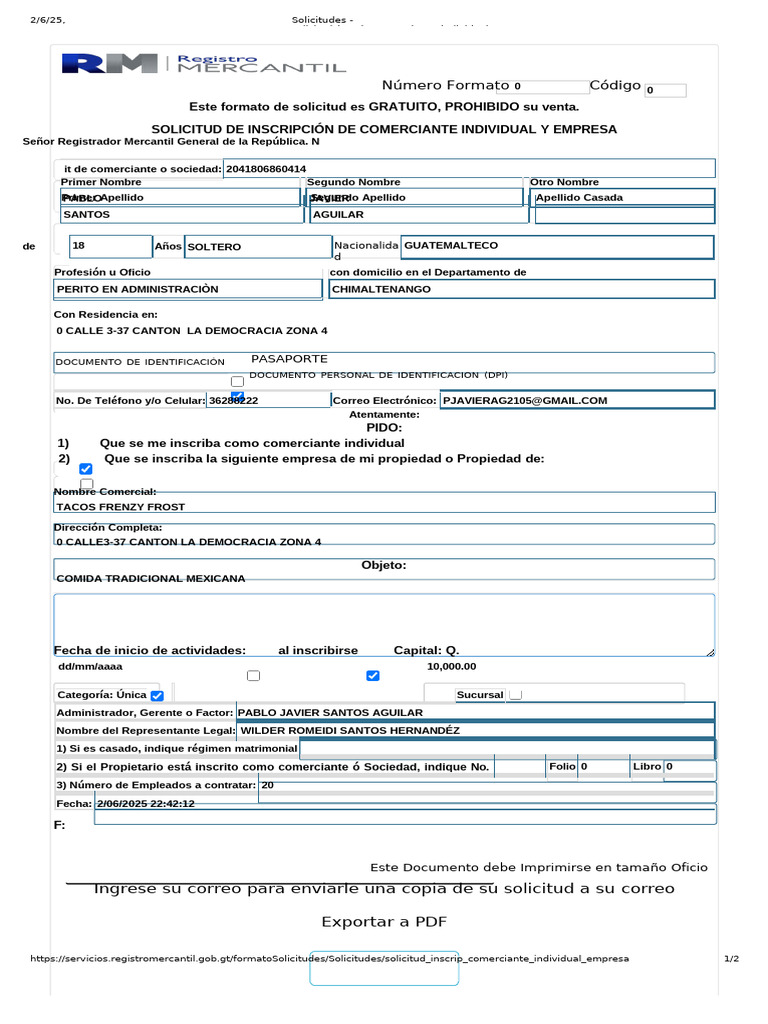 Solicitudes - Solicitud - Inscrip - Comerciante - Individual - Empresa | PDF