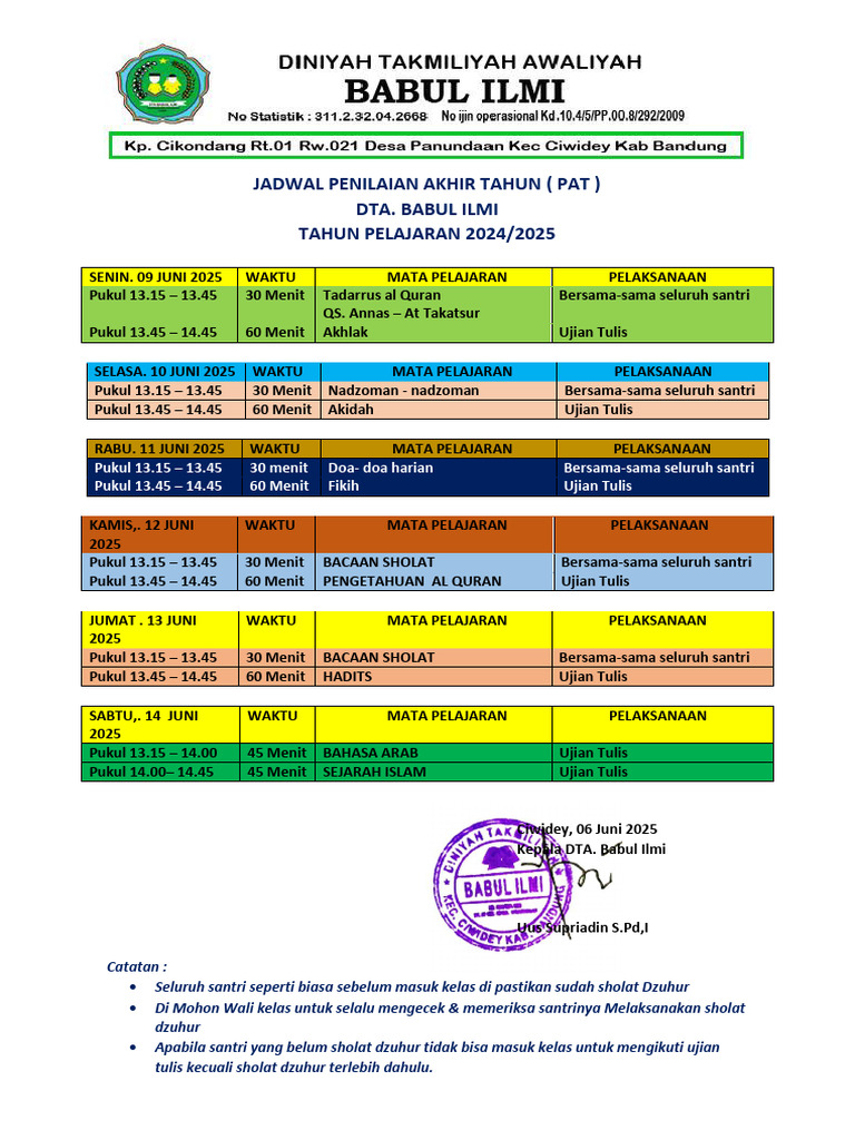 Jadwal Penilaian Akhir Tahun Dta Babul Ilmi | PDF