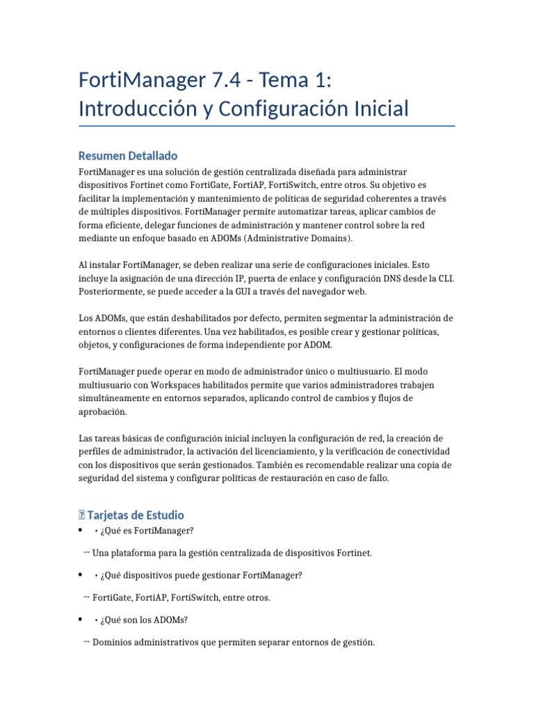 FortiManager 7.4 Tema1 Resumen Extendido | PDF