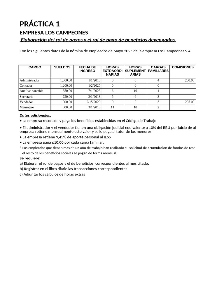 Ejercicio Beneficios A CP Rol de Pagos Mayo2025 Alumnos | PDF | Salario | Contabilidad
