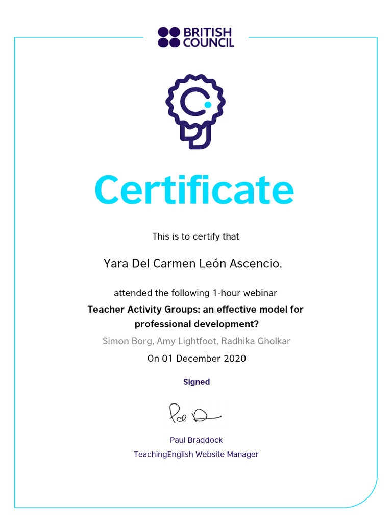 Certificate for Teacher Activity Groups Webinar | PDF