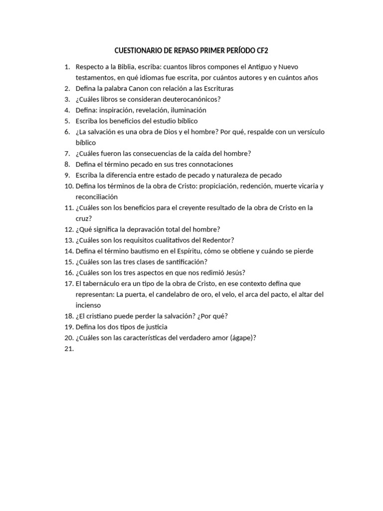 Cuestionario de Repaso Primer Período CF2 | PDF