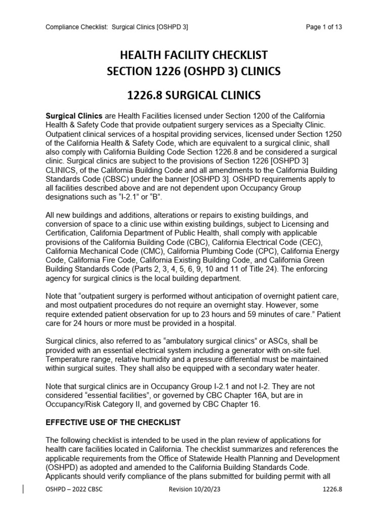 2022 1226.8 Surgical Clinics OSHPD 3 Checklist Rev 102023 | PDF ...