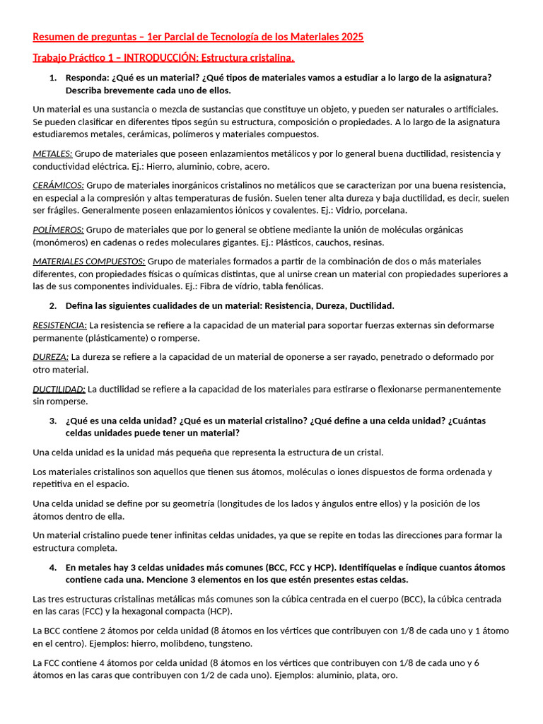 Resumen de Preguntas - 1er Parcial TDM 2025 | PDF | Deformación (ingeniería) | Resistencia a la ...