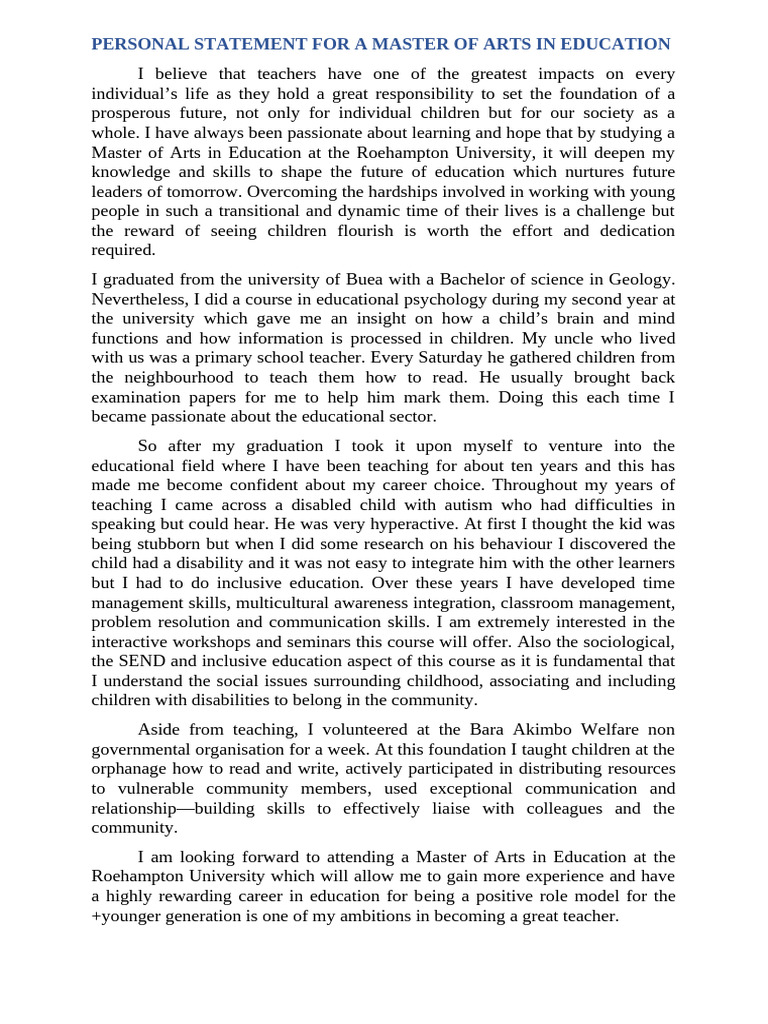 Personal Statement Ma in Education | PDF | Inclusion (Education ...