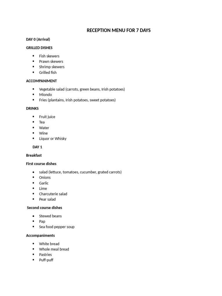 Reception Menu For 7 Days | PDF | Salad | Meal