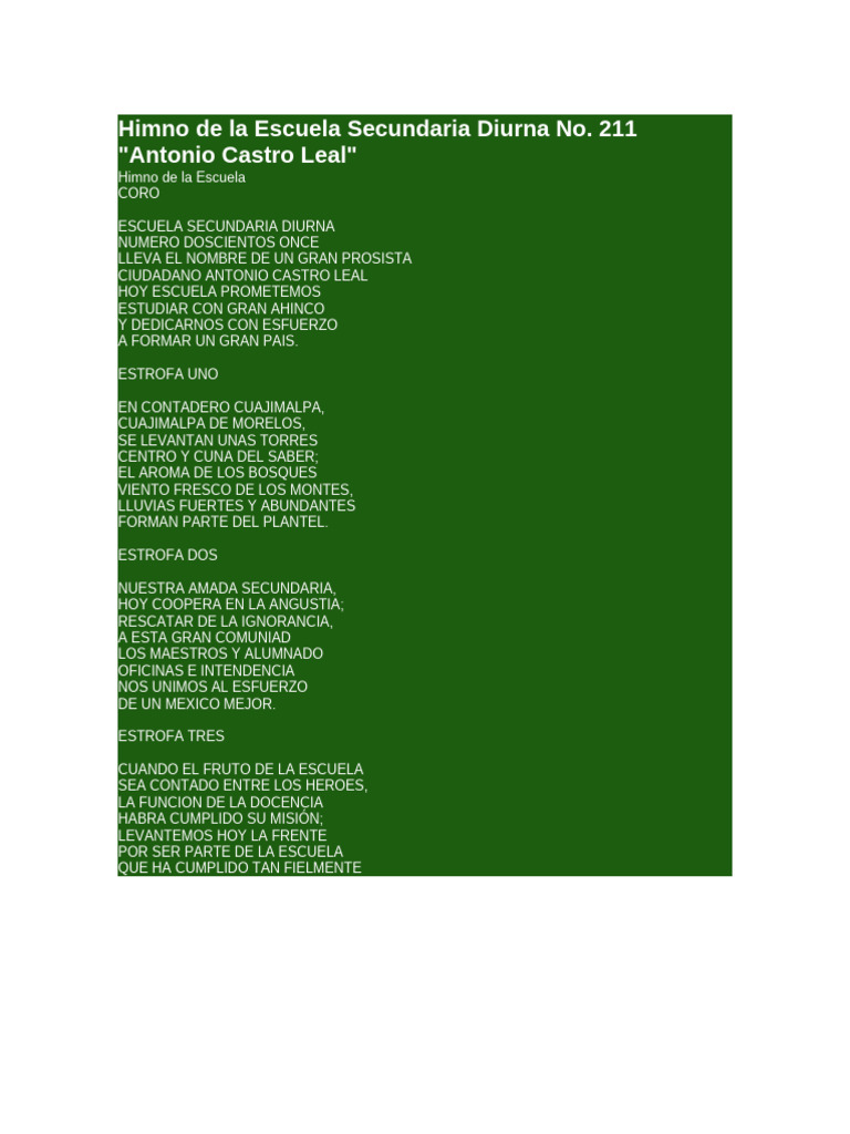 Himno de La Escuela Secundaria Diurna No | PDF