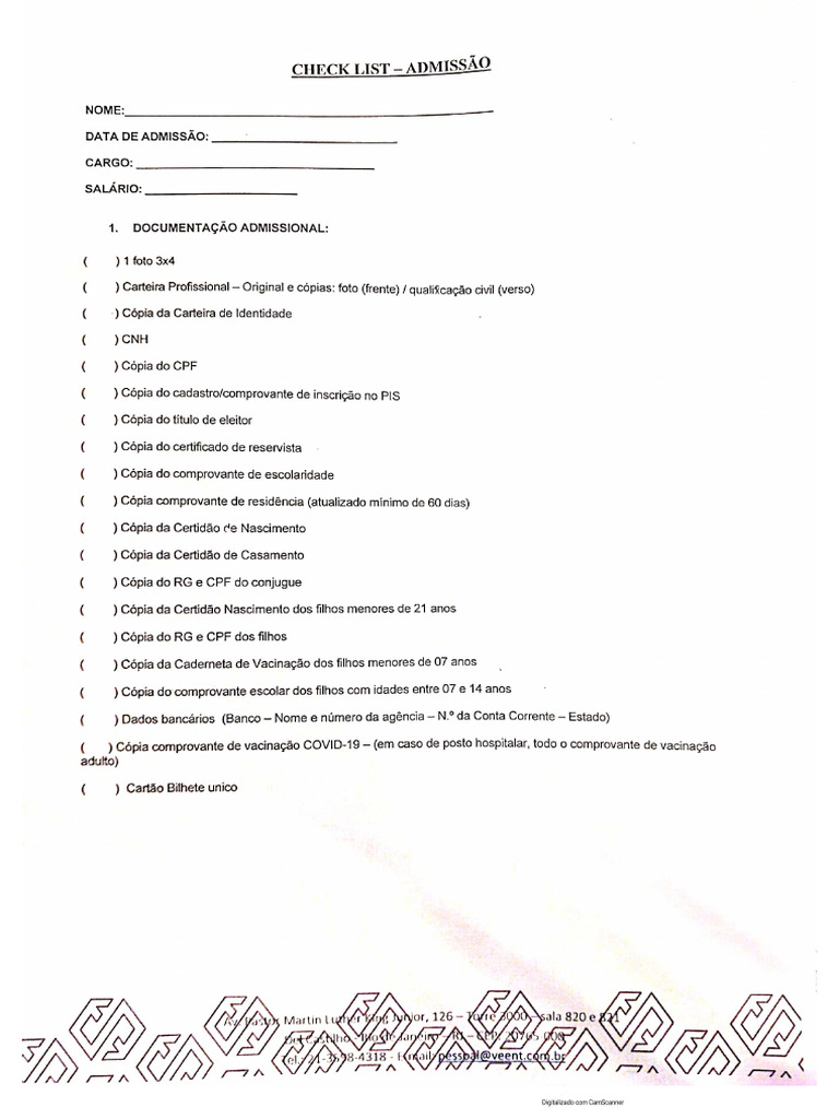 Cheque List Documentos Admissão | PDF
