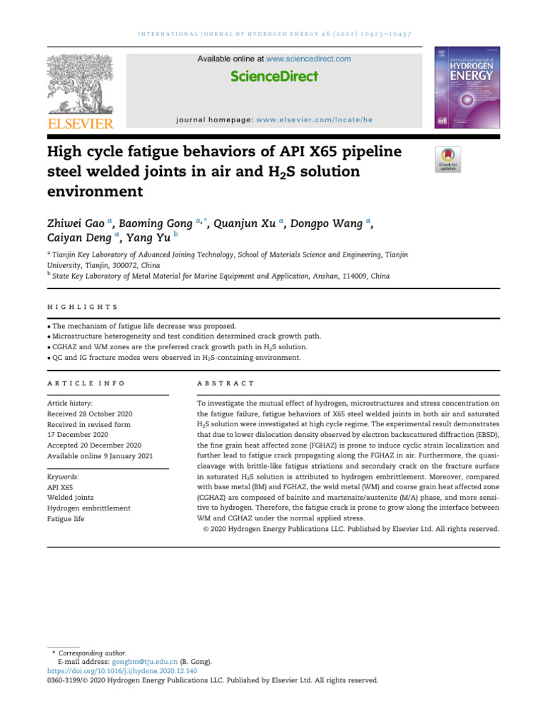 High Cycle Fatigue Behaviors of API X65 Pipeline Steel Welded Joints in Air and H2S Solution ...