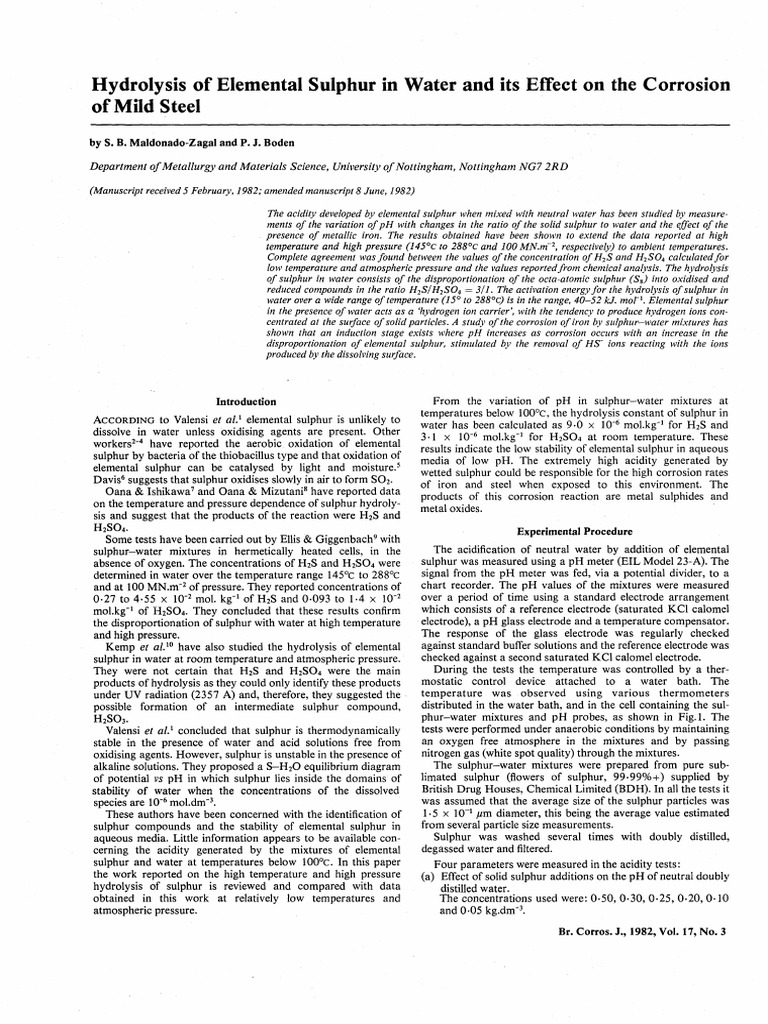 Hydrolysis of Elemental Sulphur in Water and Its Effect On The ...