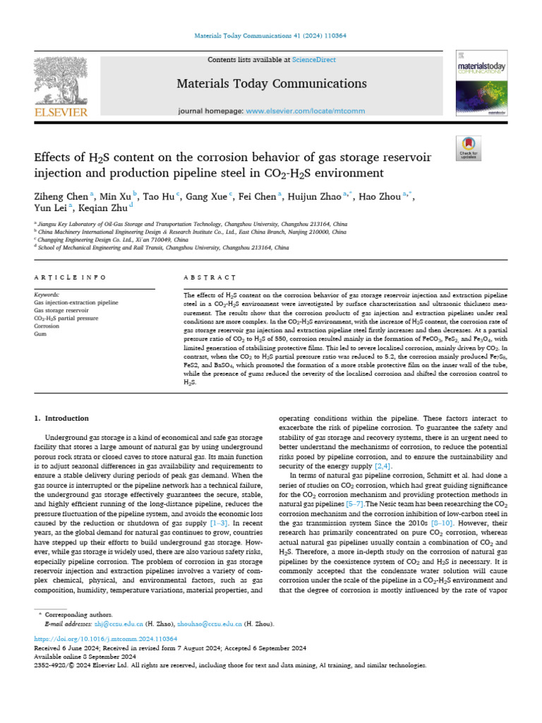 Effects of H2S Content On The Corrosion Behavior of Gas Storage ...