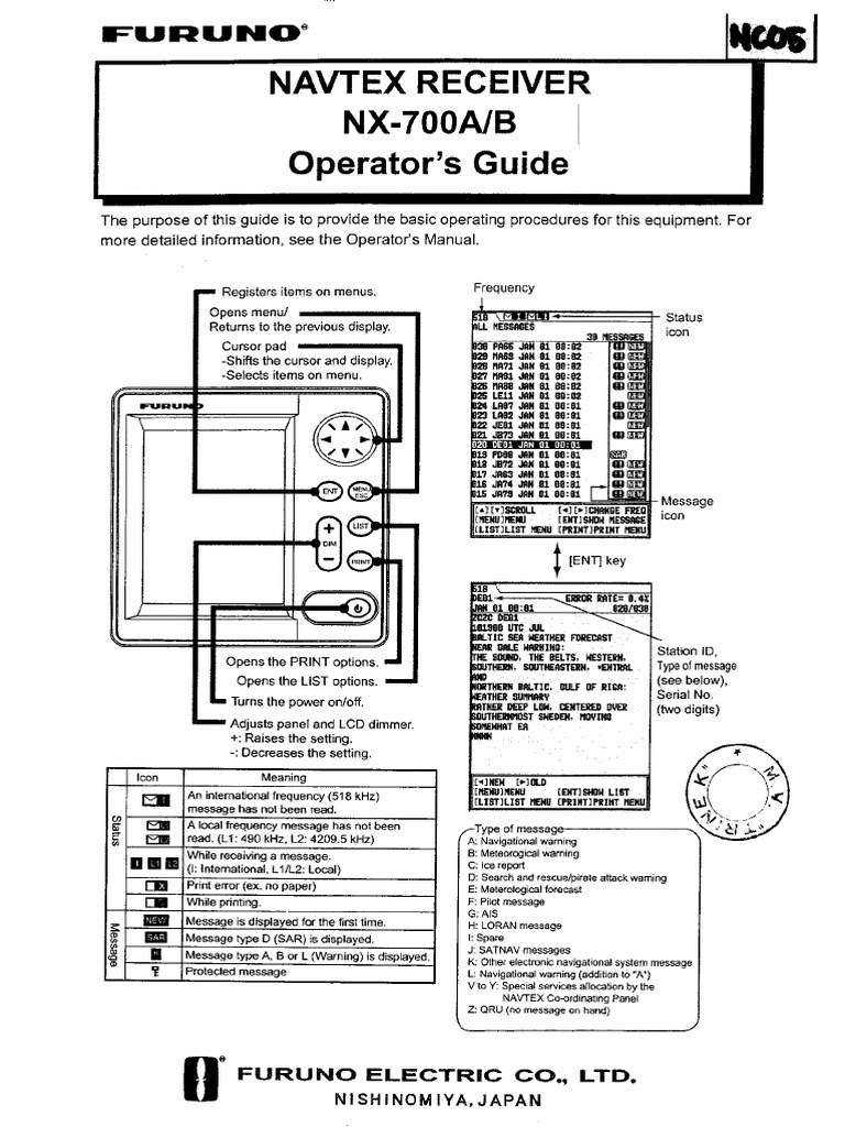 17-Furuno, Nx-700a-b, Navtex Receiver - Operators Guide | PDF