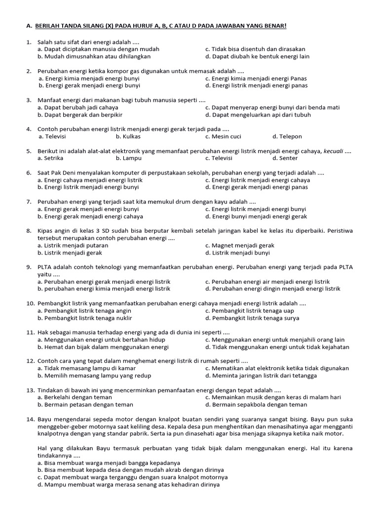Soal Tema 6 Kelas 3 SD Subtema 2 Perubahan Energi Dan Kunci Jawbaan - (HLMN 1-4) | PDF