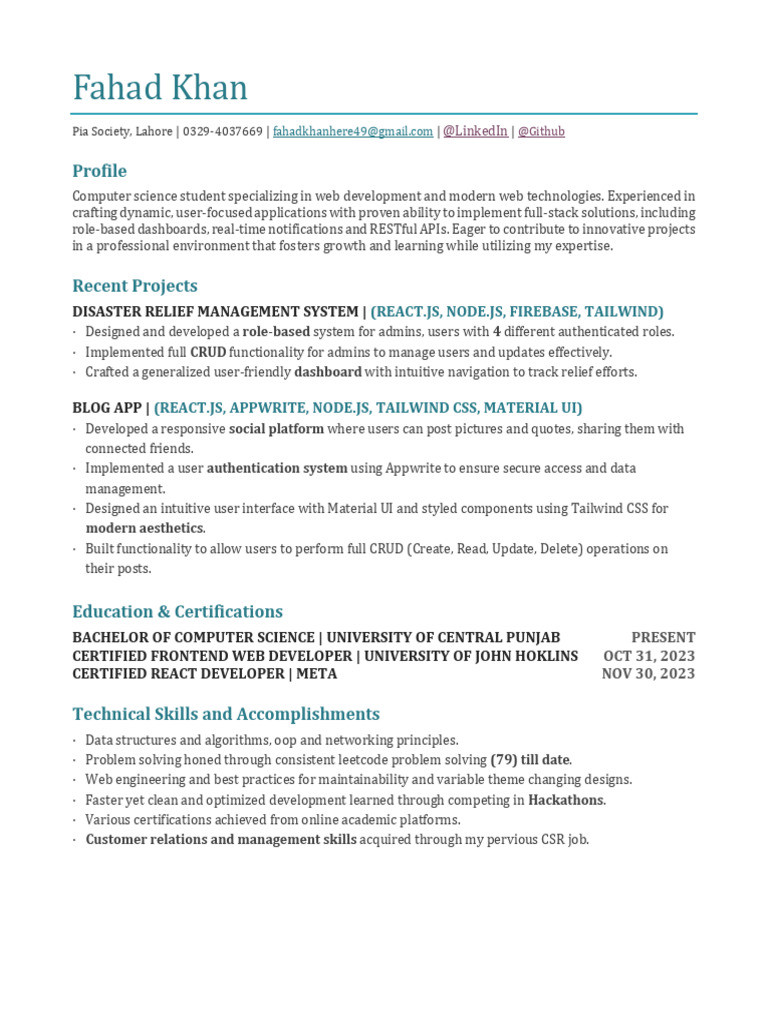 Fahad Khan: Profile | PDF