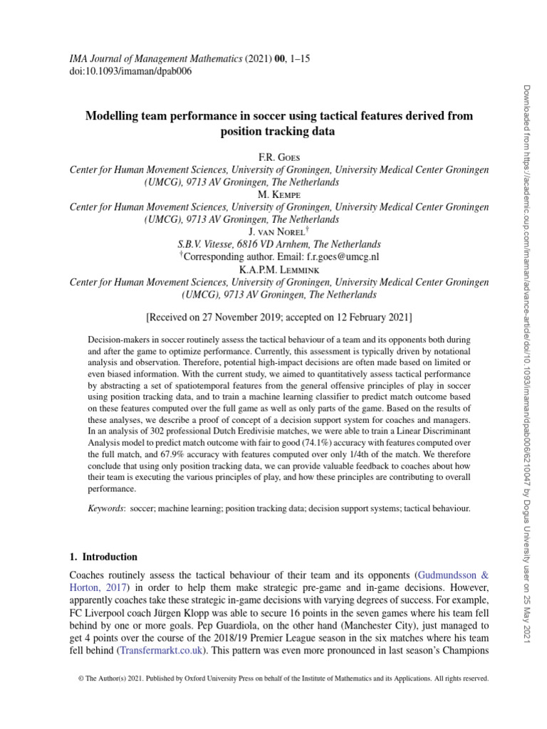 Modelling Team Performance in Soccer Using Tactical Features Derived ...