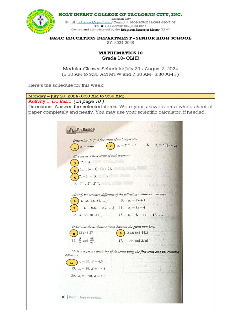 Math 10 Schedule of Activities OLHR July 29 Aug 2 | PDF | Mathematics