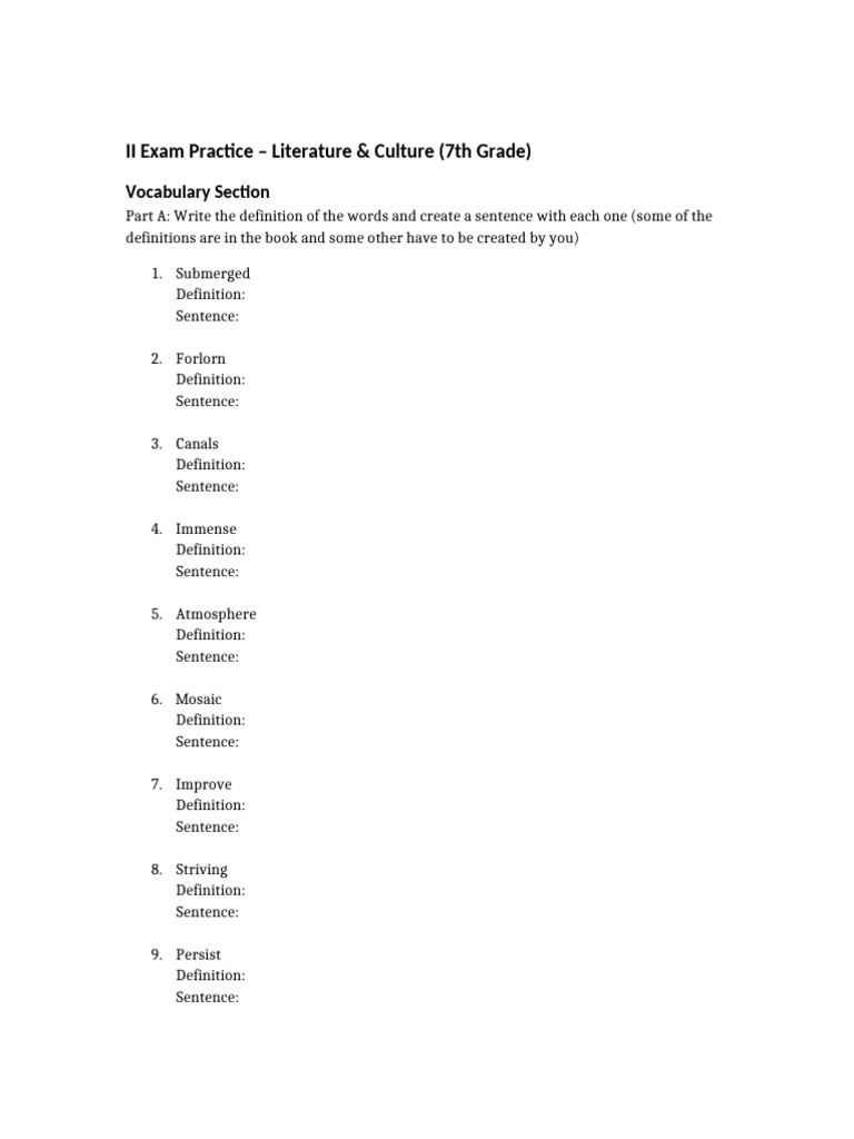 II Exam Practice - Literature & Culture (7th Grade) : Vocabulary ...