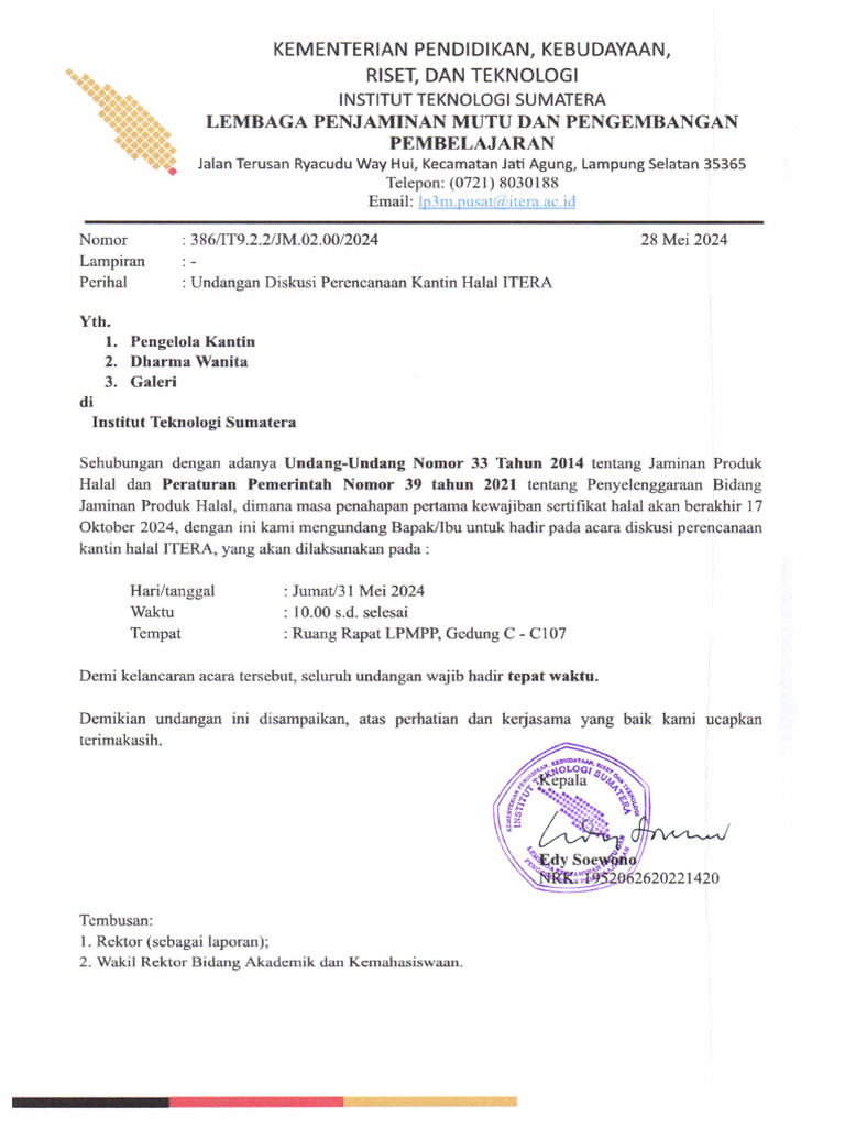 386 Undangan Perencanaan Kantin Halal ITERA | PDF