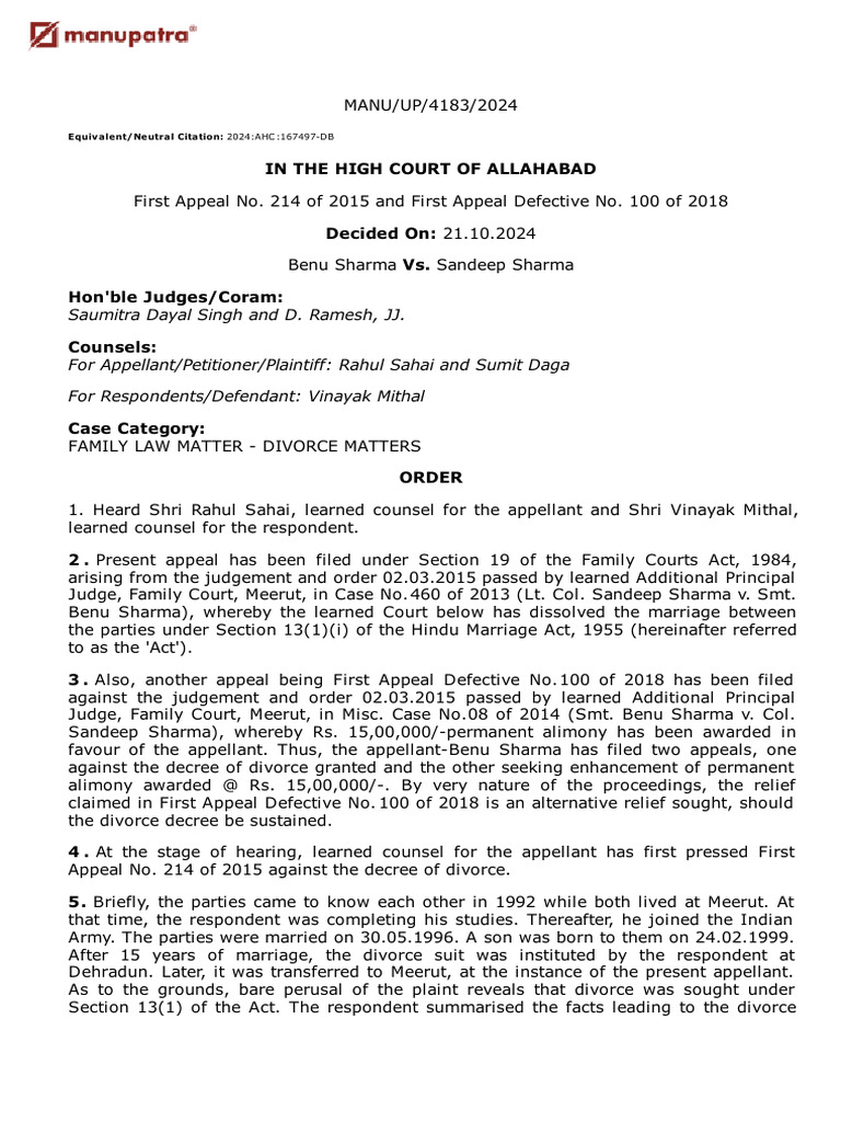 Benu Sharma Vs Sandeep Sharma 21102024 ALLHCUP2024081124162848356COM402565 | PDF | Cruelty ...