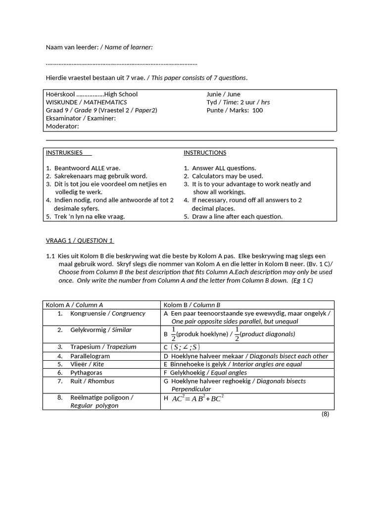 Grade 9 June Exam Paper 2 | PDF | Euclidean Plane Geometry | Geometry
