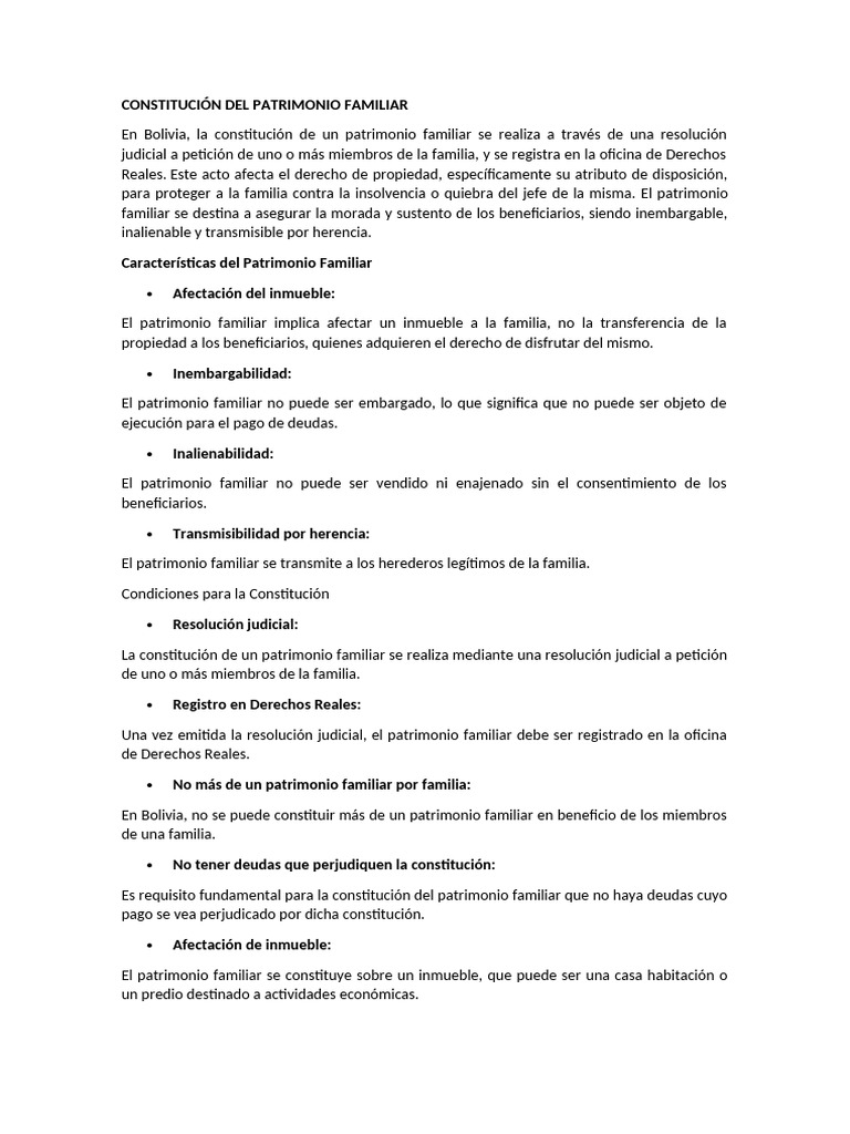 Constitución Del Patrimonio Familiar | PDF | Bienes (Ley) | Derecho privado