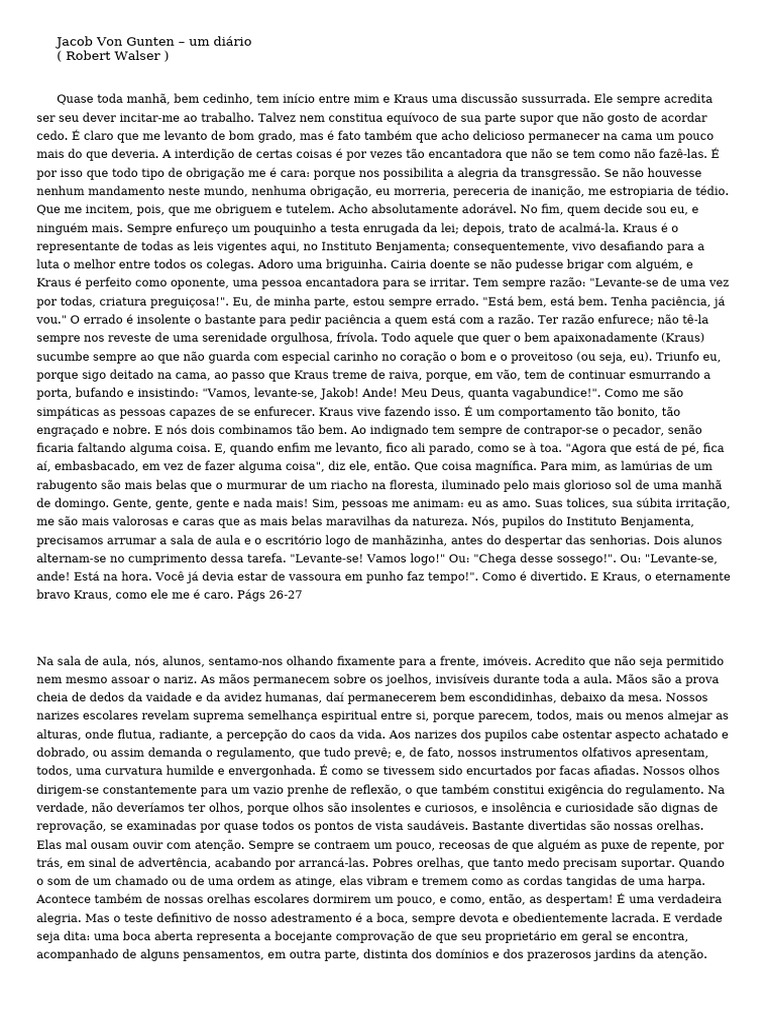 Robert Walser - Jacob Von Gunten - Um Diário | PDF | Amor