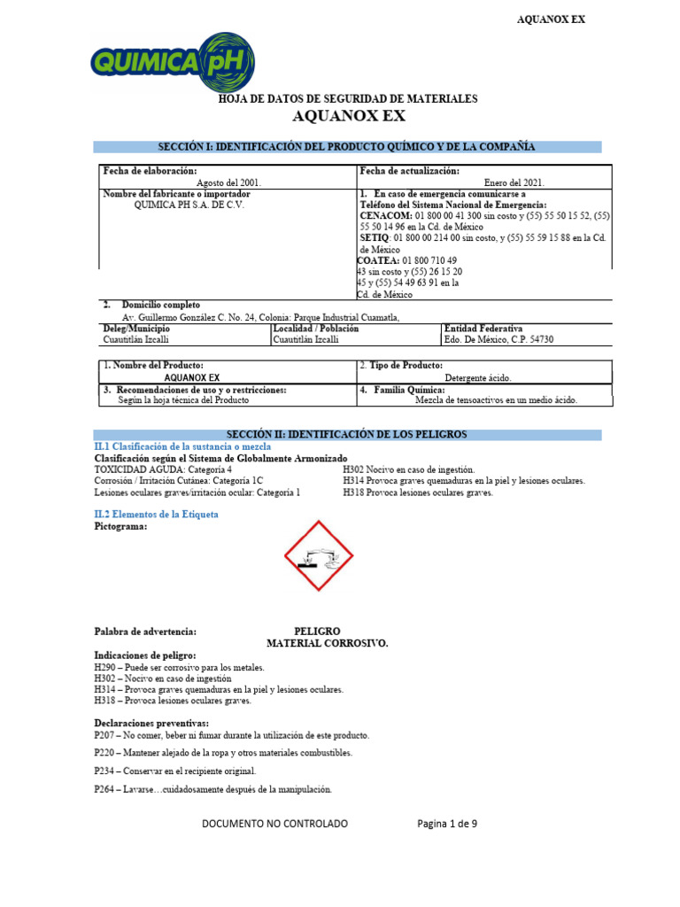 Hoja de Seguridad AQUANOX EX | PDF | Combustión | Agua