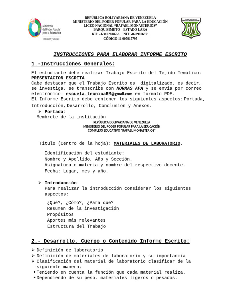 PRESENTACION ESCRITA INSTRUCCIONES 3A Inf | PDF | Laboratorios