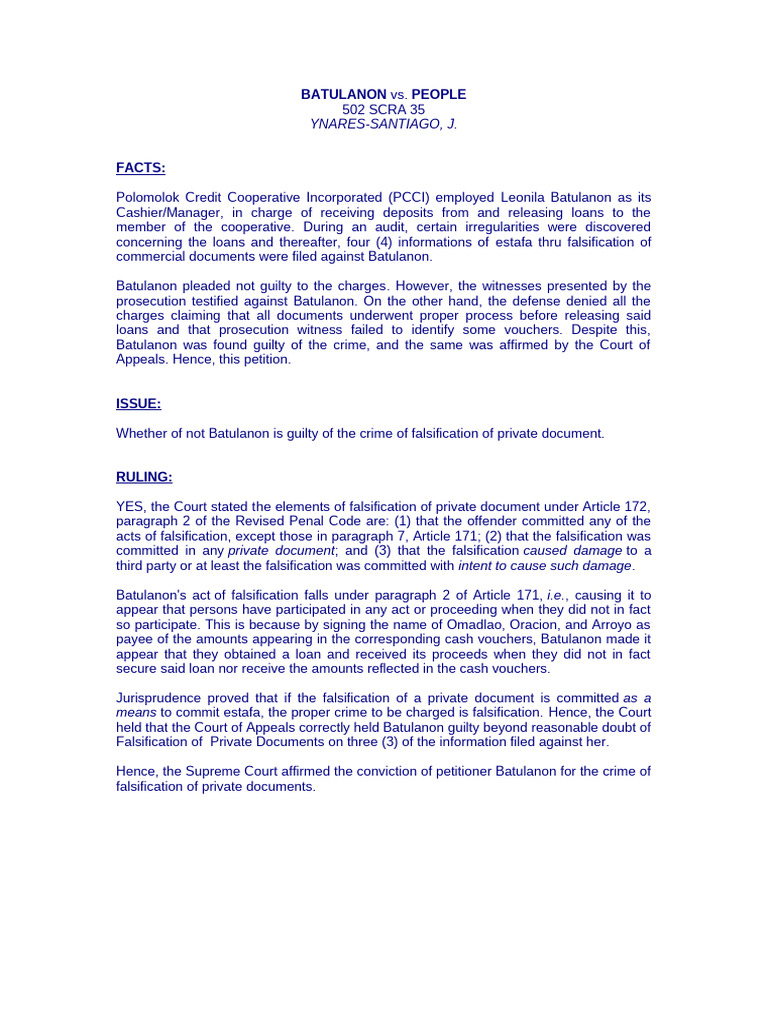 Batulanon vs. People 502 Scra 35 - Cruz, J. | PDF | Fraud | Forgery