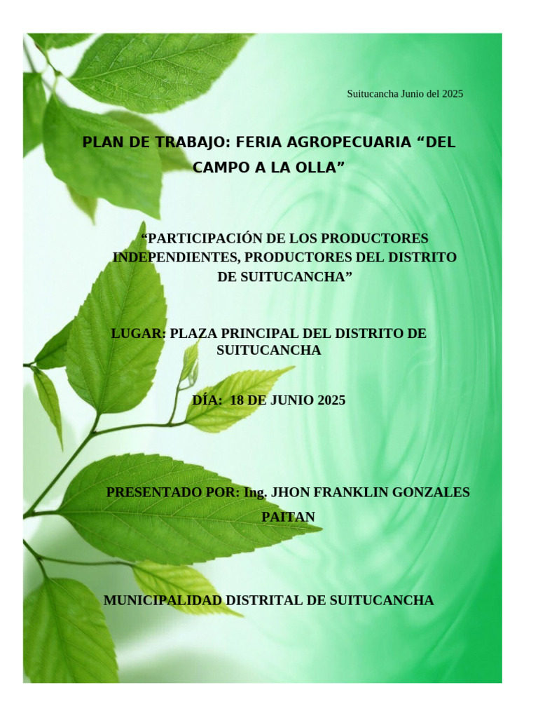 Plan de Trabajo de La Chacra A La Olla. JHION | PDF