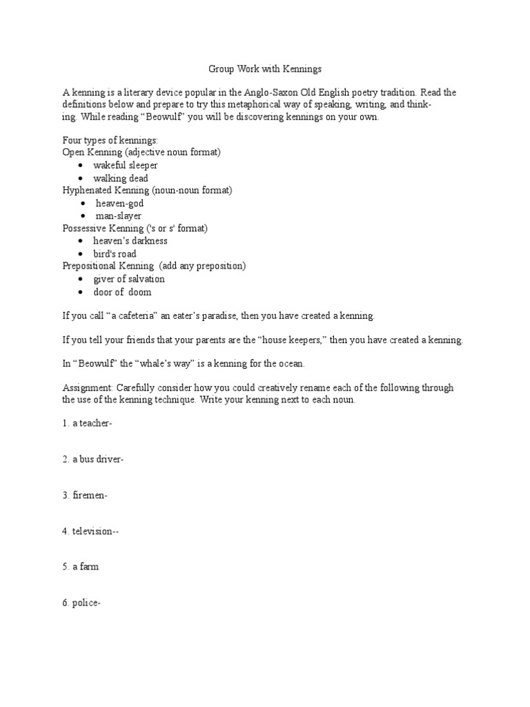 Beowulf-Kennings Group Activity | PDF