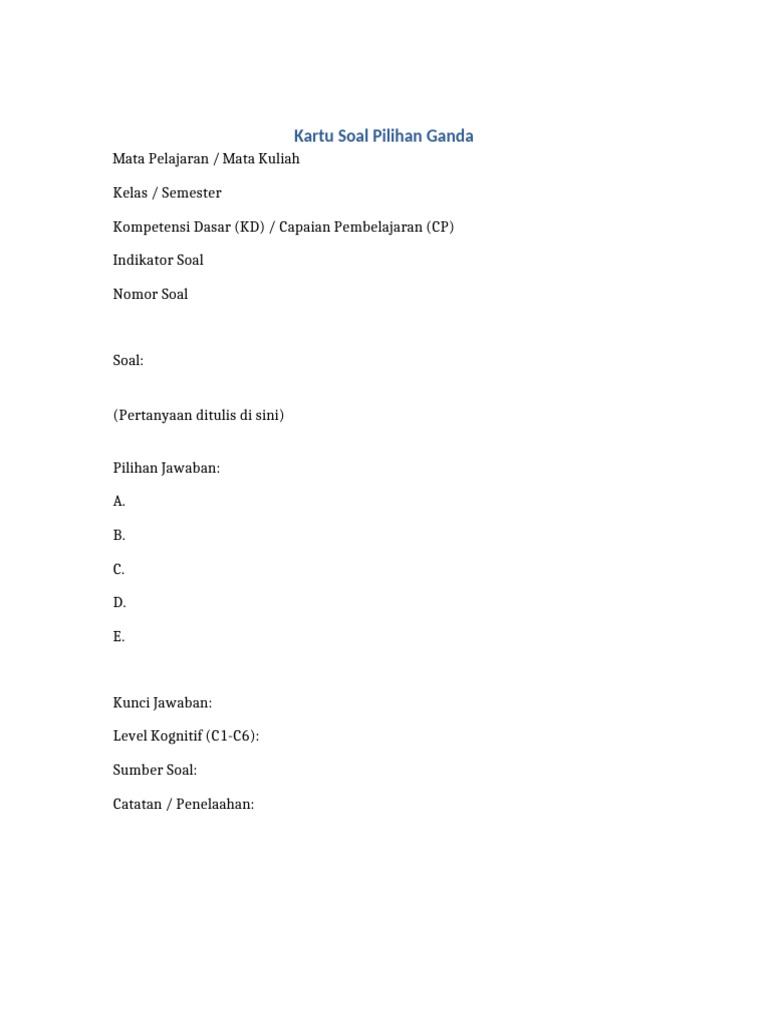 Template Kartu Soal Pilihan Ganda | PDF