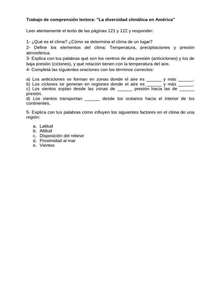 Trabajo de Comprensión Lectora - "La Diversidad Climática en América" | PDF