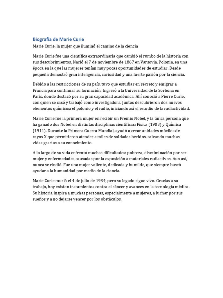 Biografía de Marie Curie: Pionera Científica | PDF