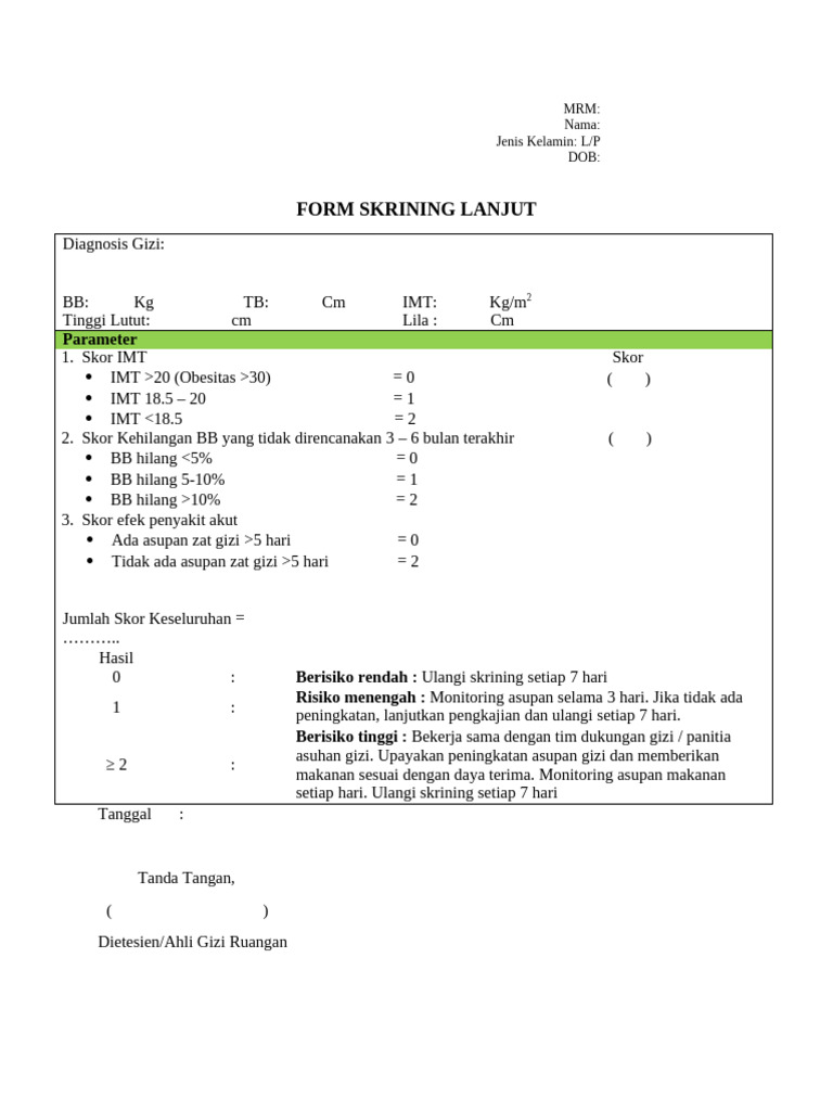 Form Skrining Lanjut | PDF