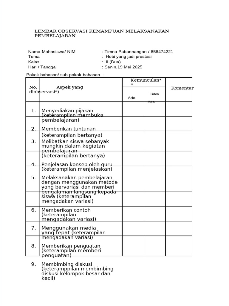 PDF Lembar Observasi Refleksi Pembelajaran Dan RPP PKM 2 | PDF