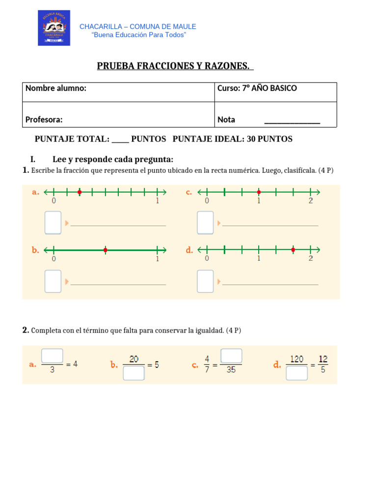 Prueba de Fracciones y Razones 7° Básico | PDF