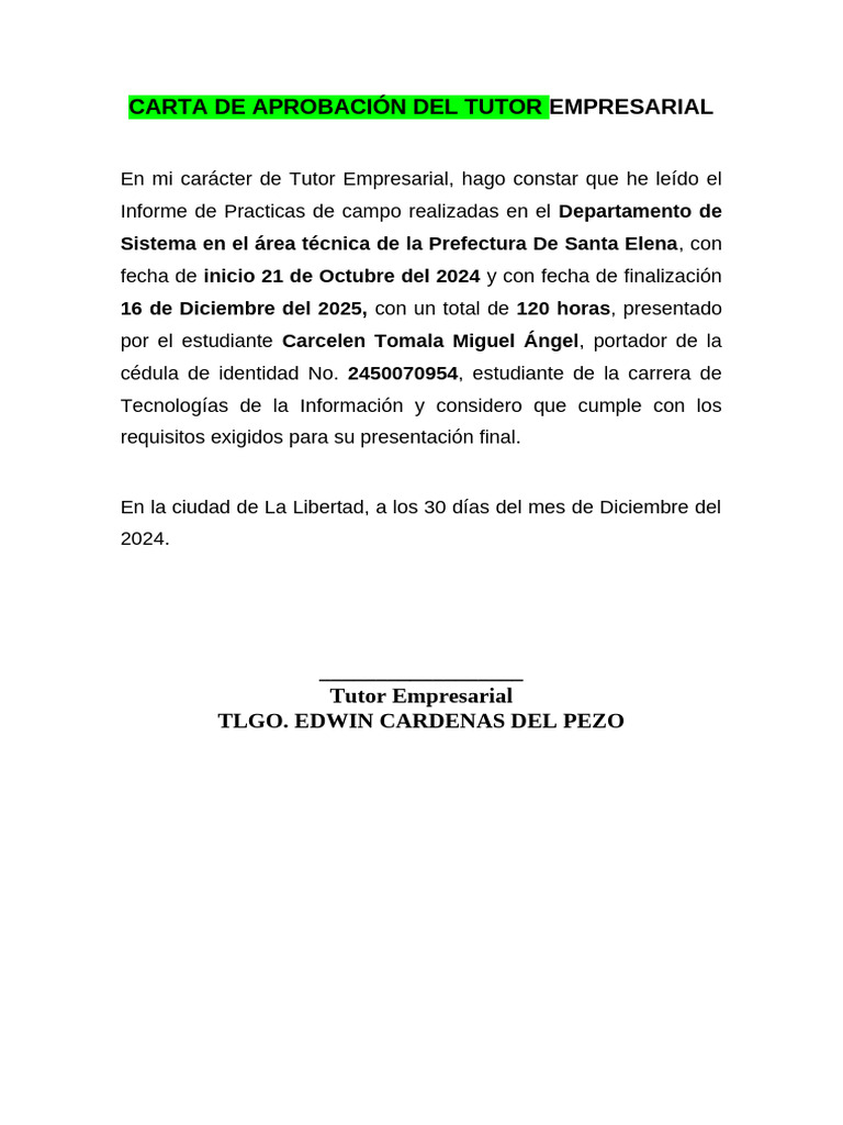 Carta de Aprobación Del Tutor Empresarial | PDF