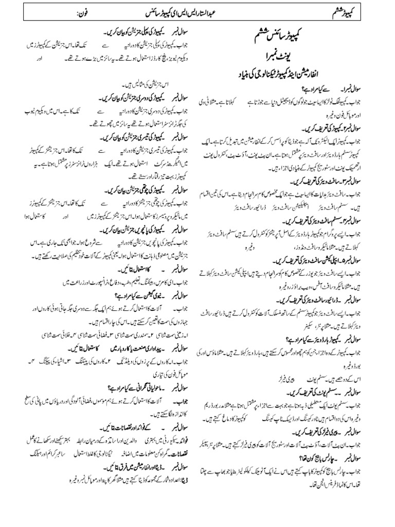 Sixth Notes Computer Urdu Medium | PDF
