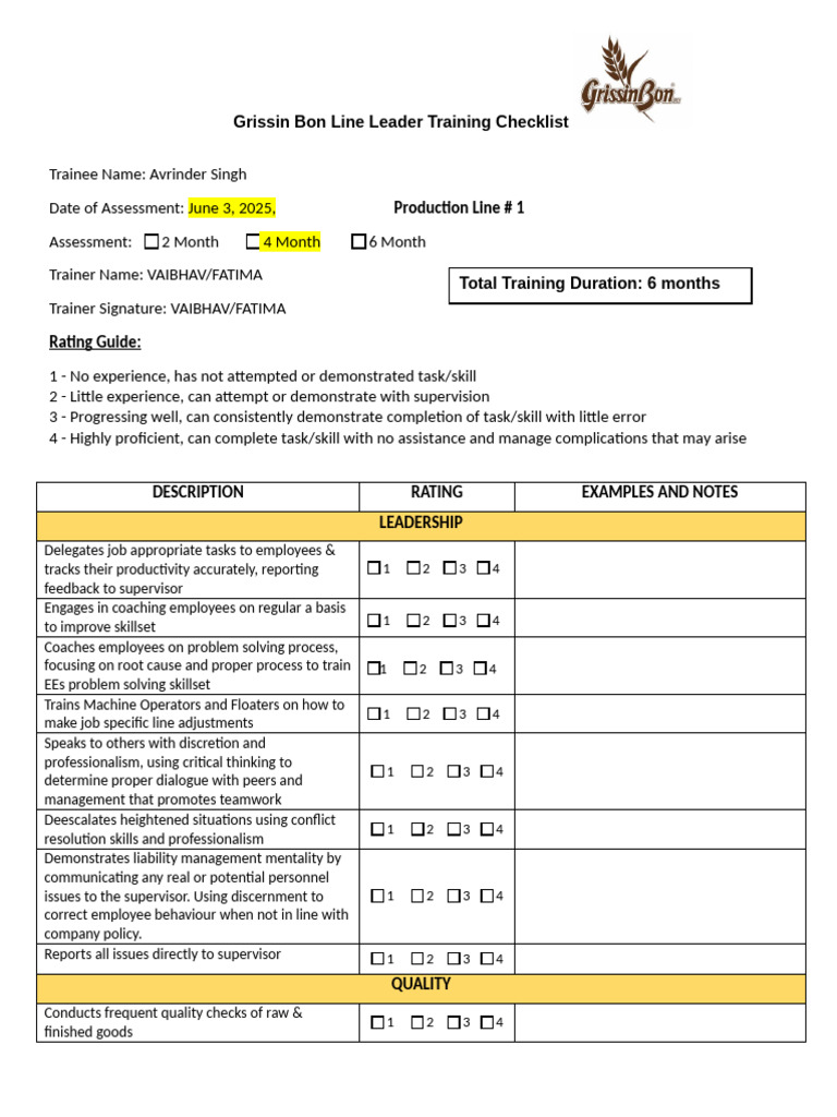 Line 1 - Line Leader Checklist Nina Saudade Due June 3 2025 4 Month ...