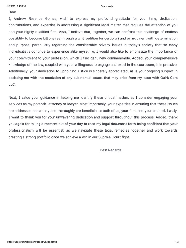 Andrew Resende Gomes Thank You Note | PDF