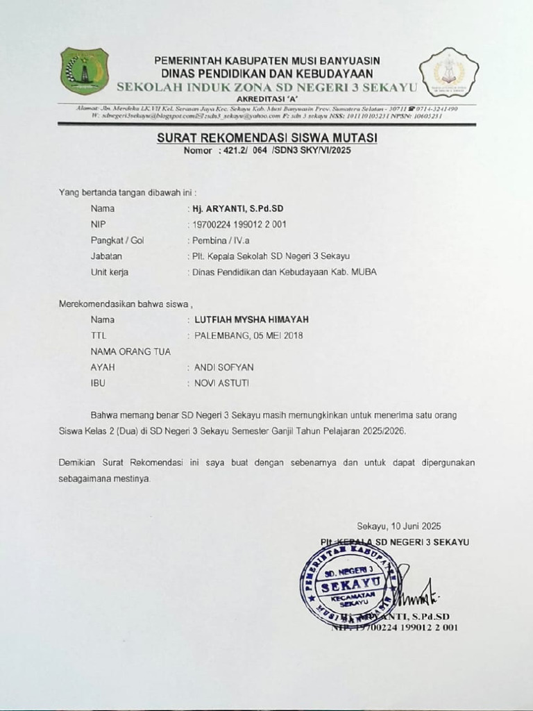 Surat Mutasi Lutfiah | PDF