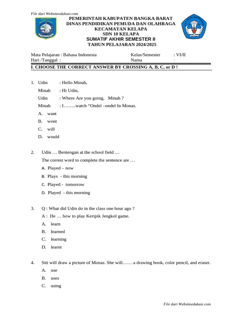 Soal Sas Bahasa Inggris Kelas Vi Semester II | PDF | Indonesia