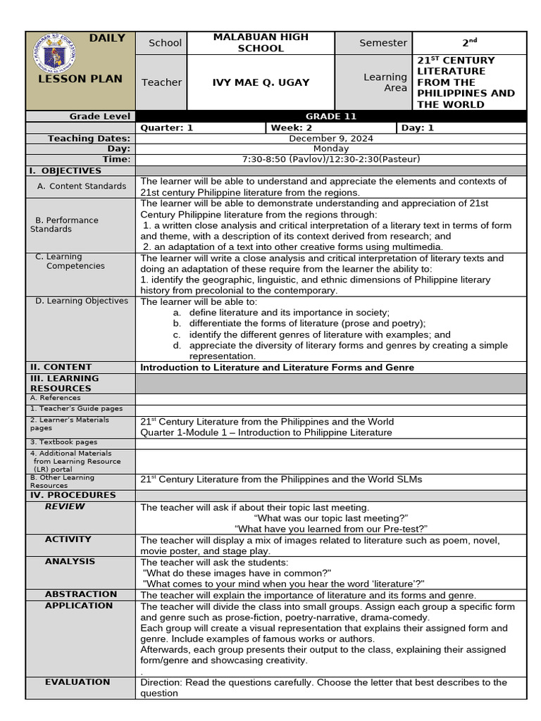 DLP - December 9, 2024 - Introduction To Literature and Literature ...