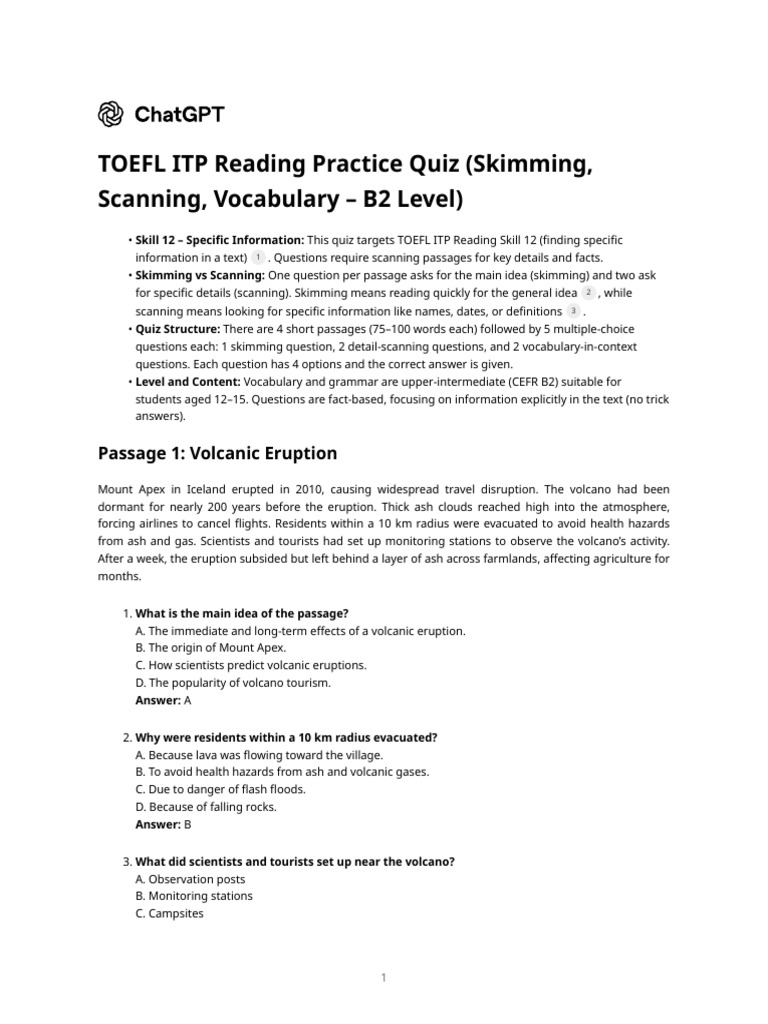 TOEFL ITP Reading Practice Quiz (Skimming, Scanning, Vocabulary – B2 ...