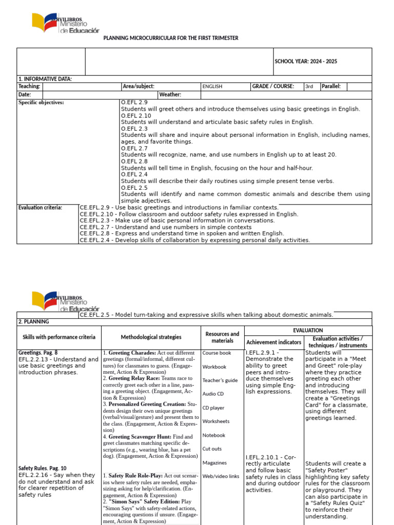 English Microcurricular Plan for 3rd Grade | PDF | English Language ...