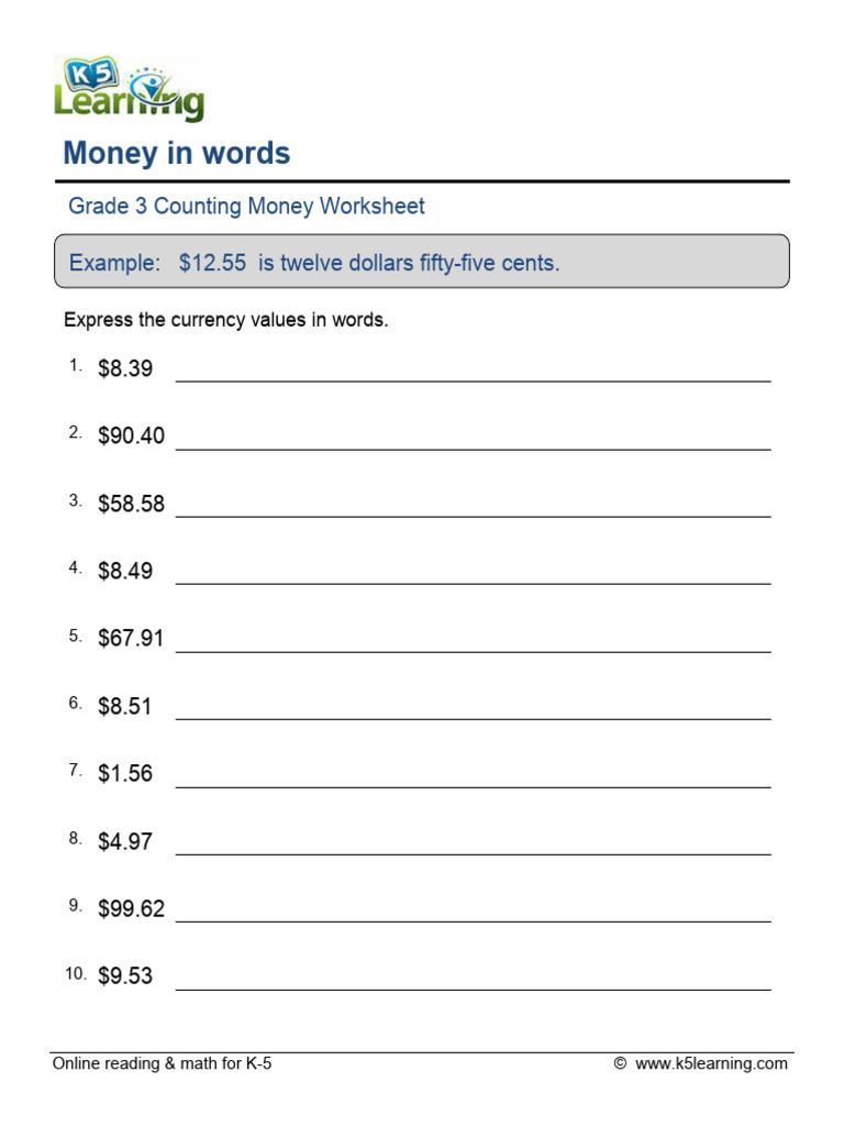 Grade 3 Money in Words A | PDF