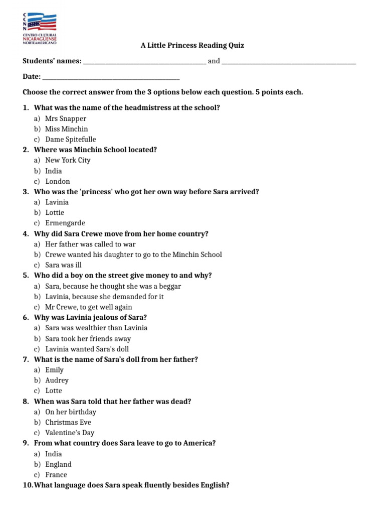 A Little Princess Reading Quiz | PDF | A Little Princess
