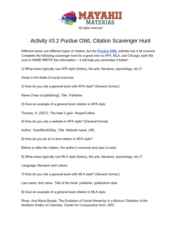 Activity 3.2 Citation Scavenger Hunt | PDF | Citation | Publishing